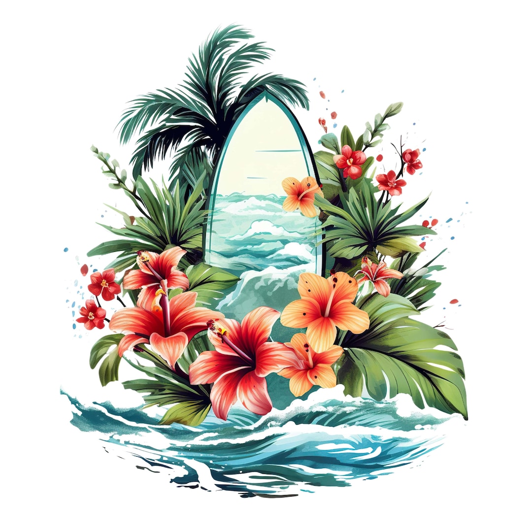 Surfboard Sticker Tropical Beach Sticker With Flowers and Palm Trees in ...