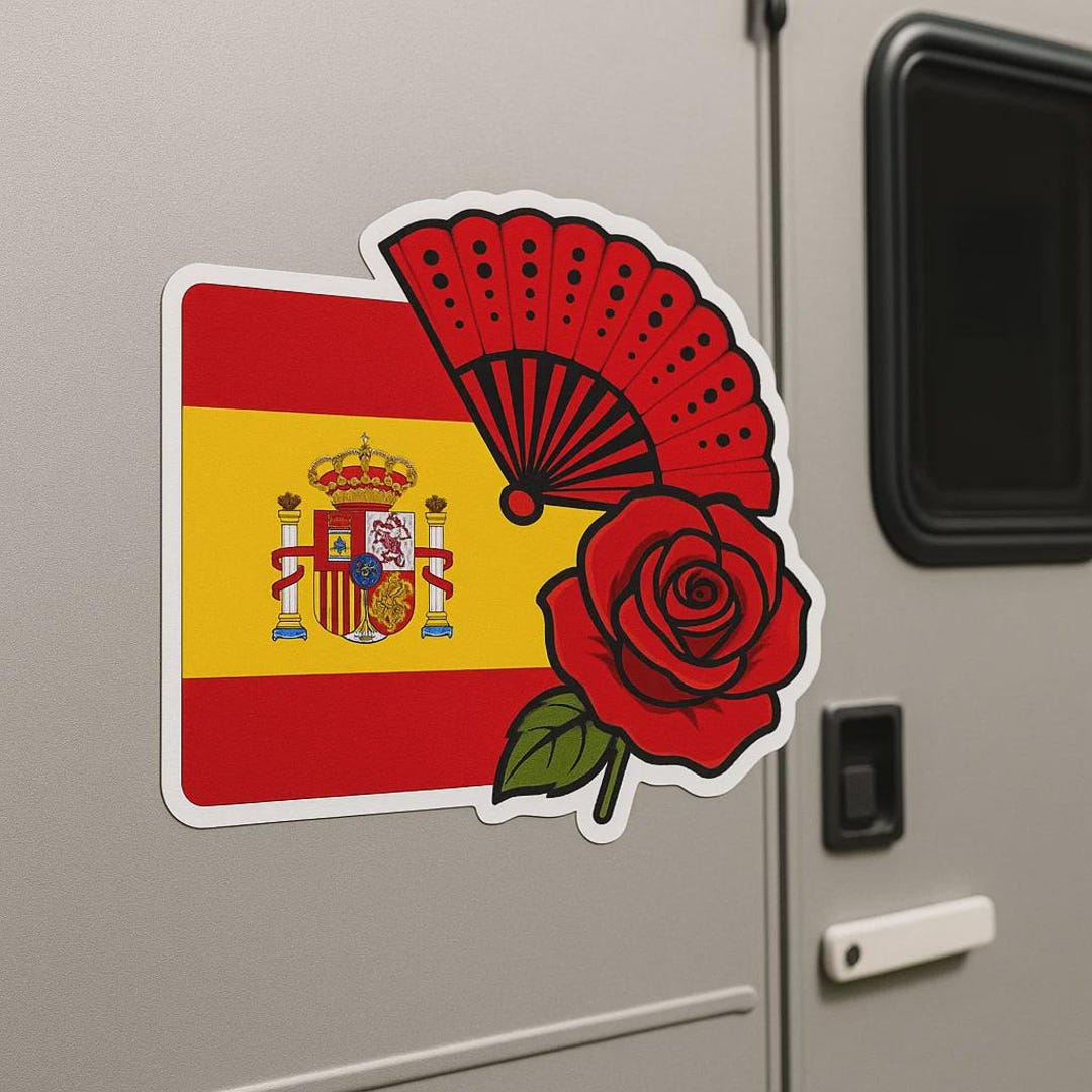 Sticker Spain Flag With Fan and Flamenco Rose Sticker for Car, Camper ...