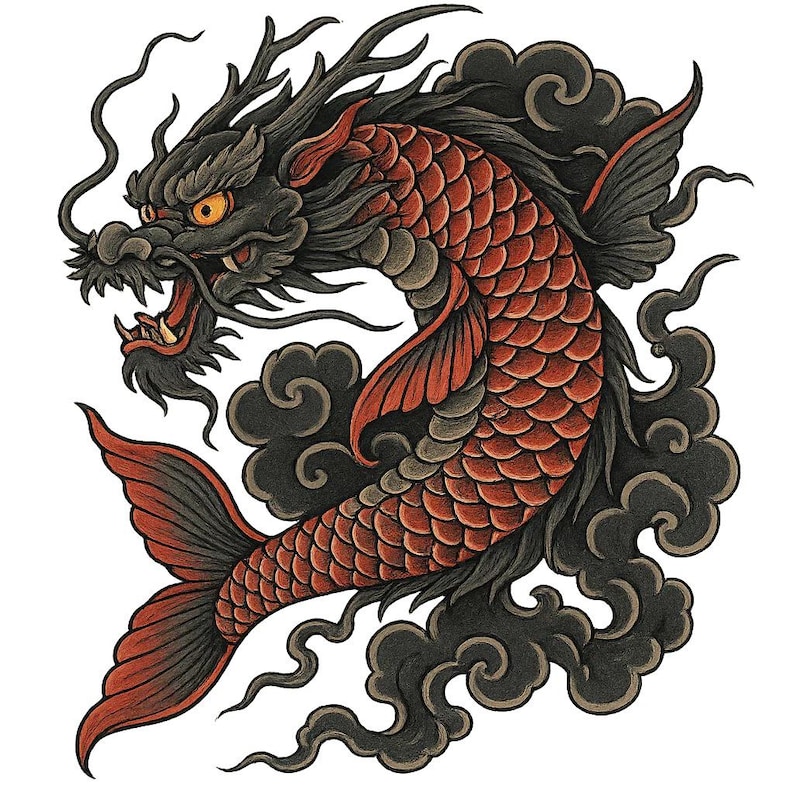 Koi Dragon Iron-on Patch – Mystical Animal Motif in Japanese Tattoo ...