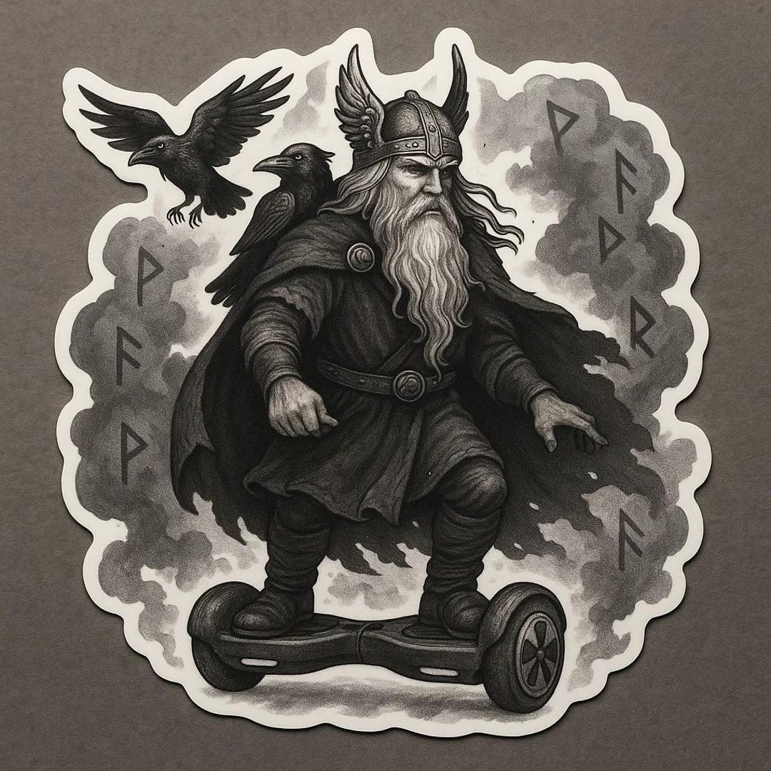 Odin Sticker With Ravens on Hoverboard Comic Sticker for Viking Nerds ...