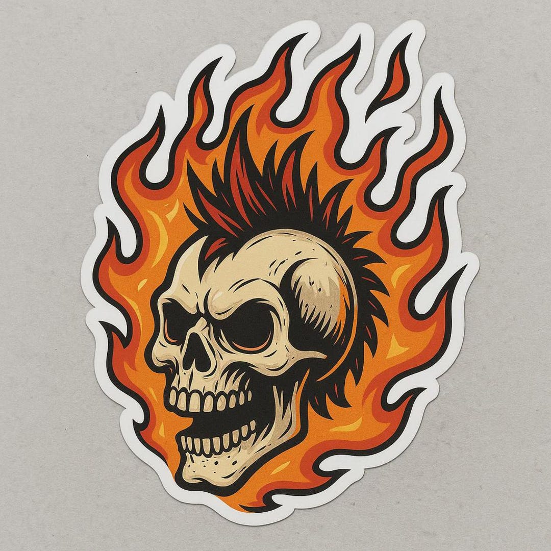 Flaming Punk Skull Sticker – Fire Skull Sticker in Rock Gothic Style ...