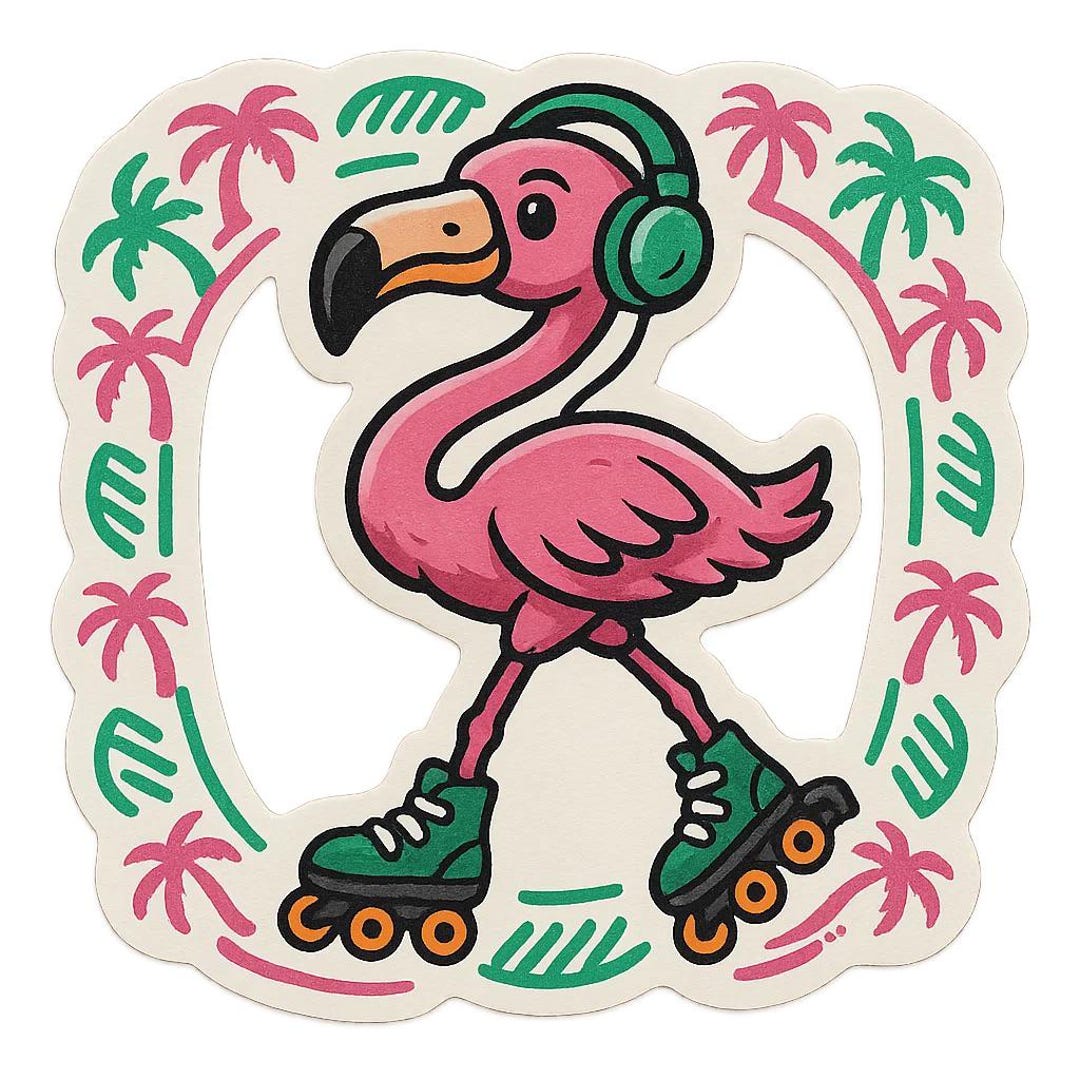 Flamingo Sticker With Inline Skates. Funny Animal Comic Sticker for ...