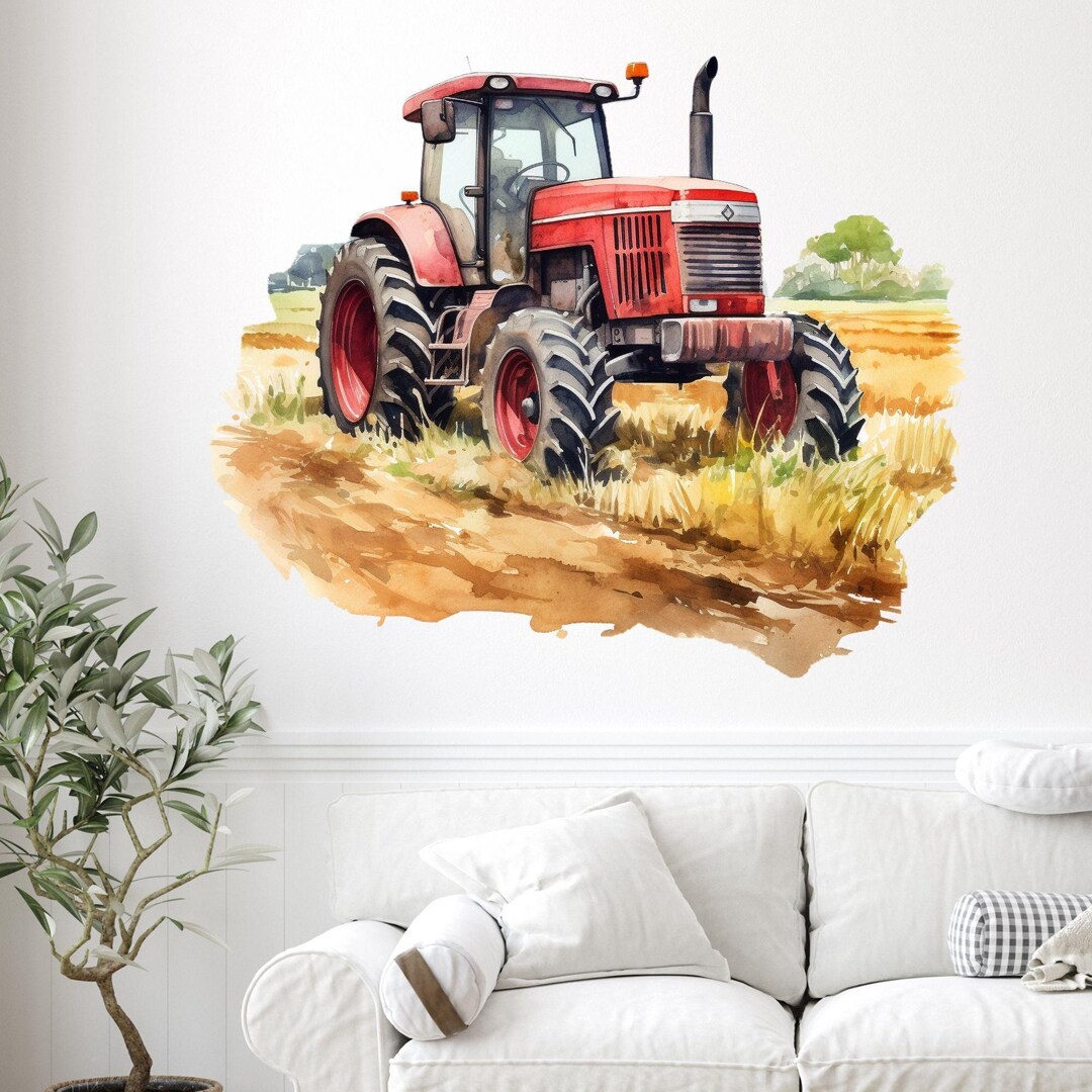 Watercolor Farm Tractor Wall Sticker – Rustic Agricultural Machinery ...