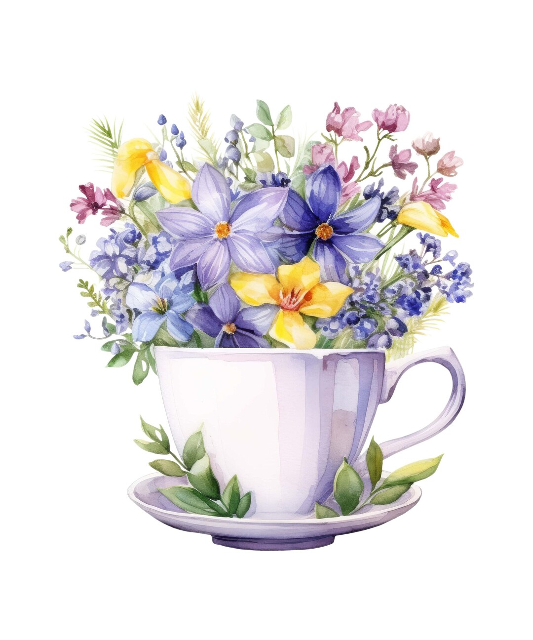 Flower Teacup Sticker Watercolor Sticker With Floral Cup Wall Sticker ...