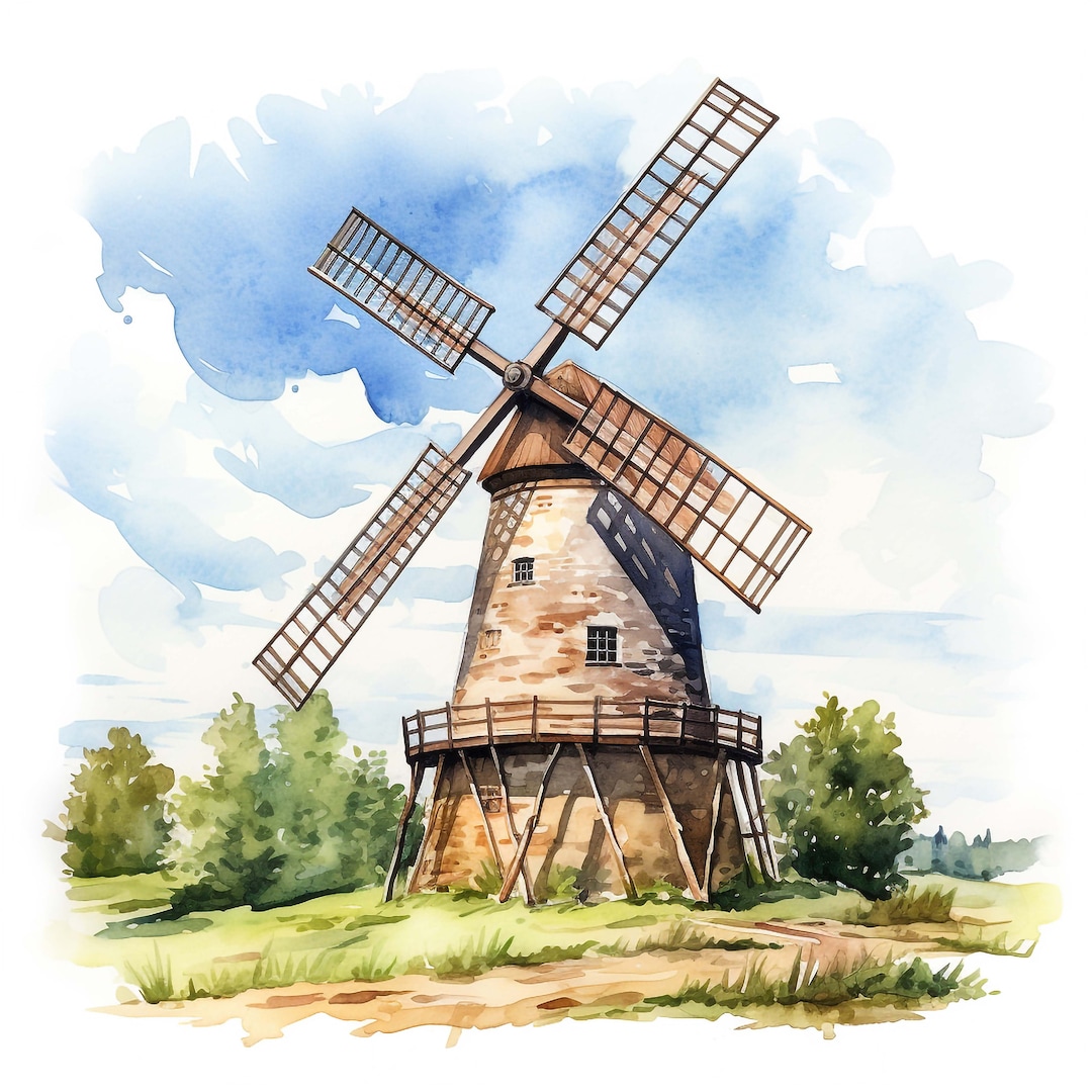 Windmill Watercolor Sticker Landscape Sticker Country House Wall ...