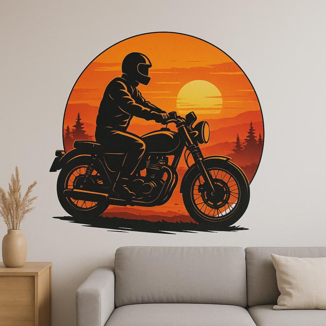 Motorcycle in the Sunset Wall Sticker Atmospheric Biker Motif Sticker ...