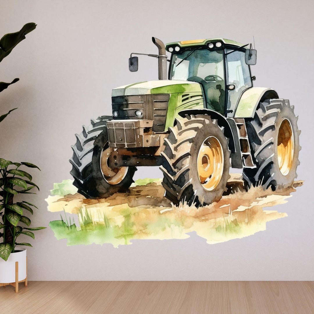 Watercolor Farm Tractor Wall Sticker – Rustic Agricultural Machinery ...