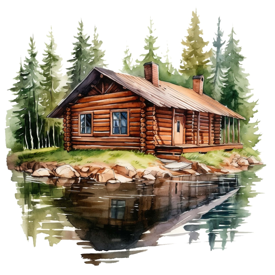 Car Sticker Watercolor Log Cabin on the Riverbank Sticker Weatherproof ...