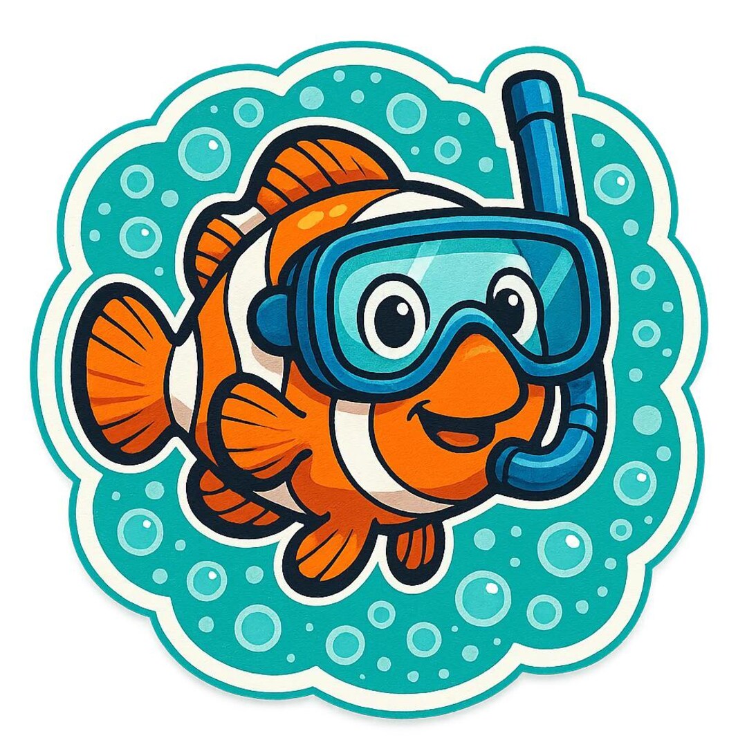 Clownfish Sticker With Diving Goggles. Funny Underwater Comic Sticker ...