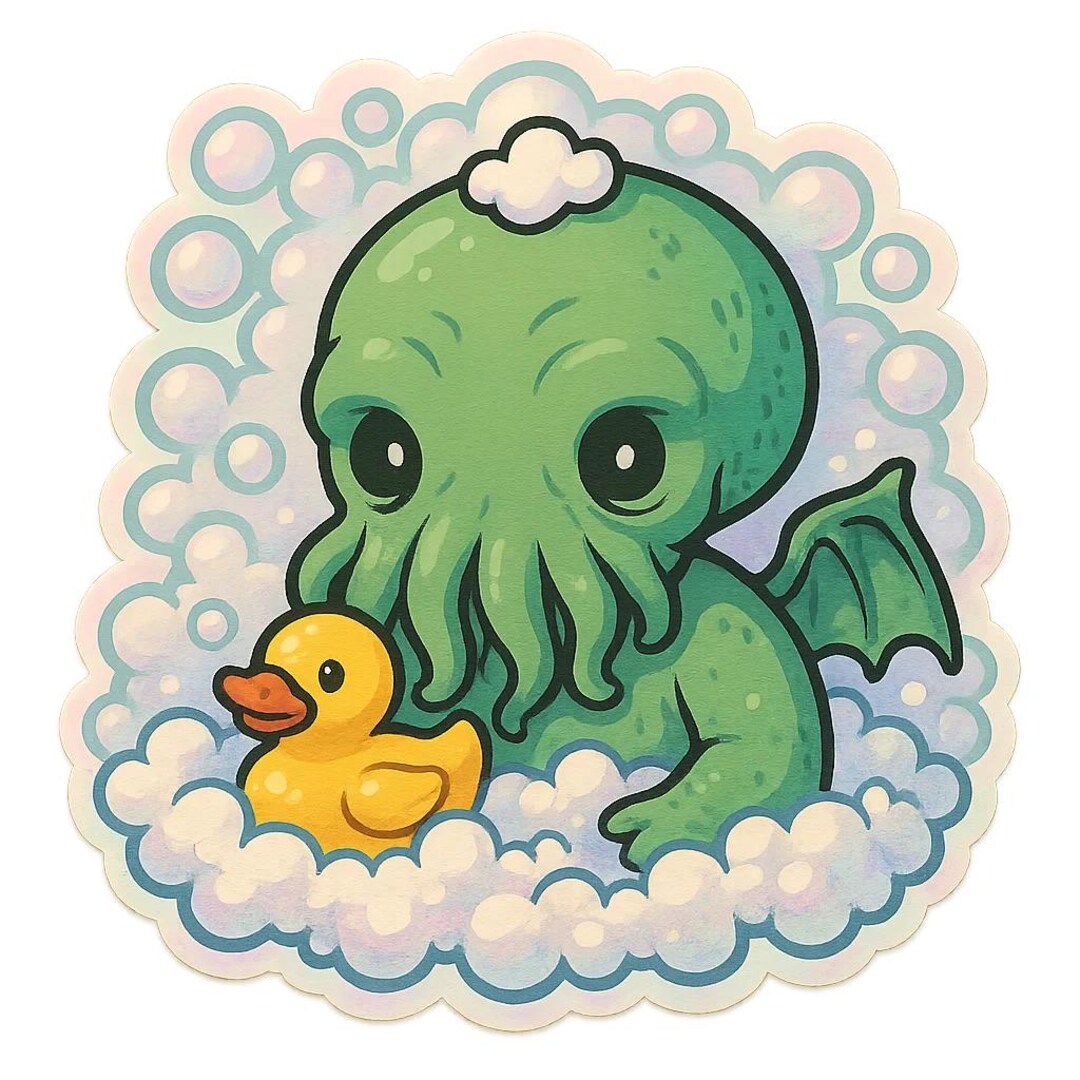 Cthulhu Sticker in Bubble Bath With Rubber Duck Funny Comic Sticker for ...