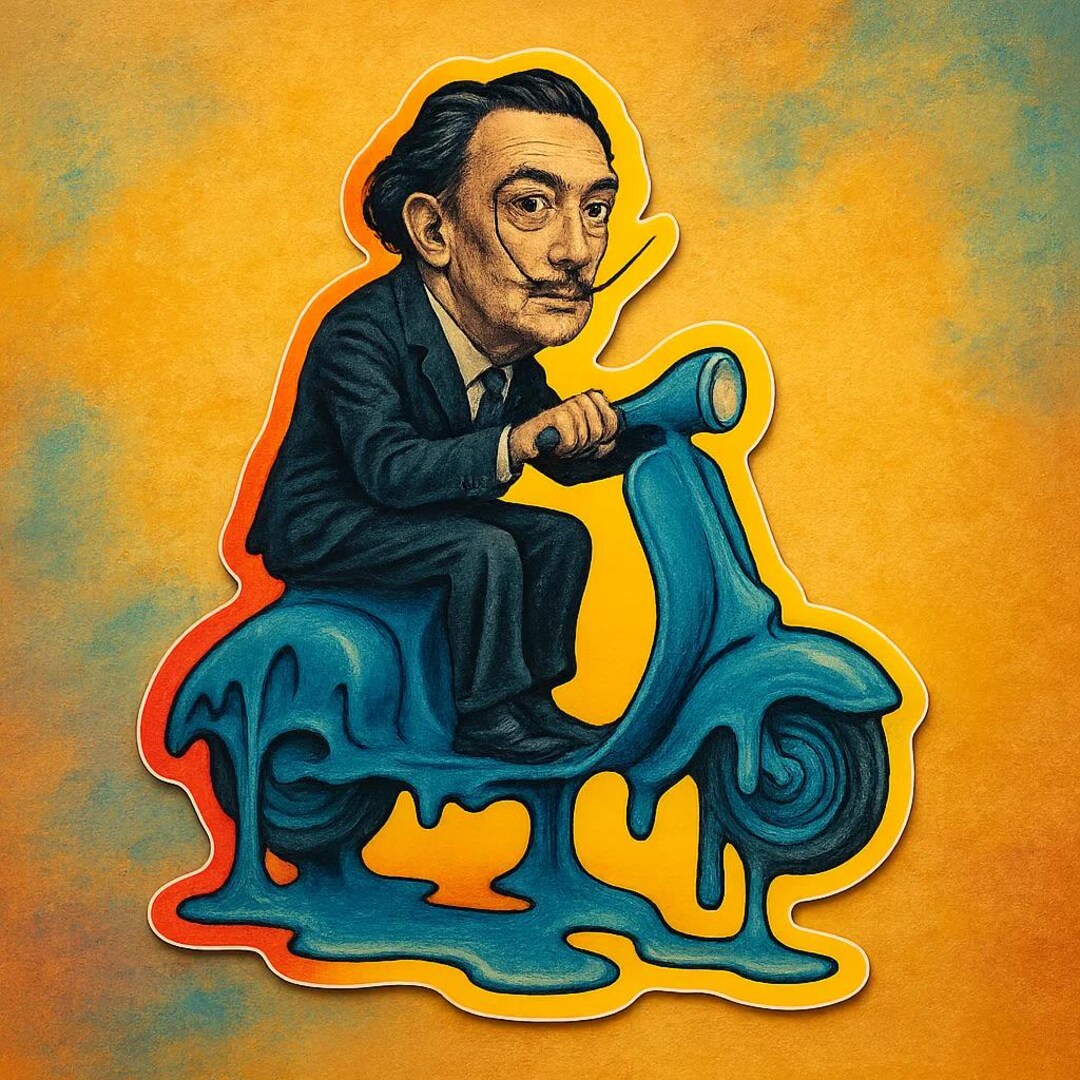 Salvador Dalí Sticker on Melting Scooter Surreal Comic Sticker for Art ...