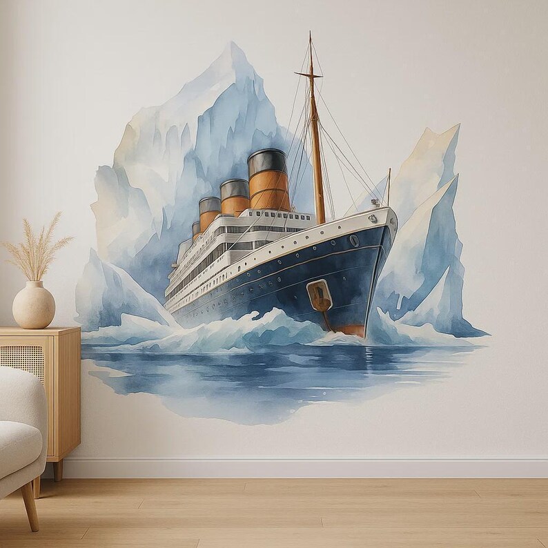Titanic Meets Iceberg Wall Decal – Watercolor Ocean Liner Illustration ...