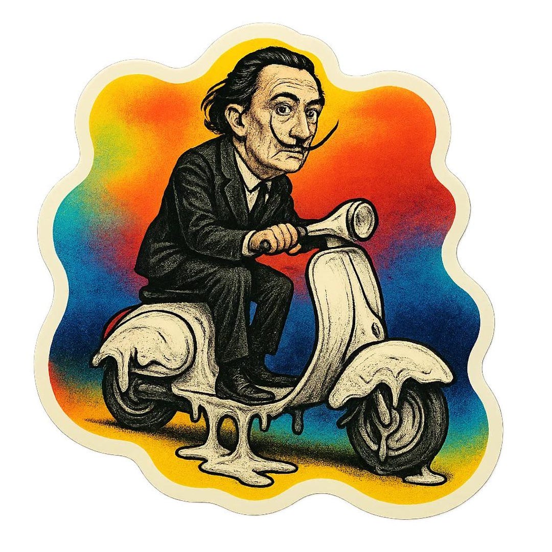 Salvador Dalí Sticker on Melting Scooter Surreal Comic Sticker for Art ...