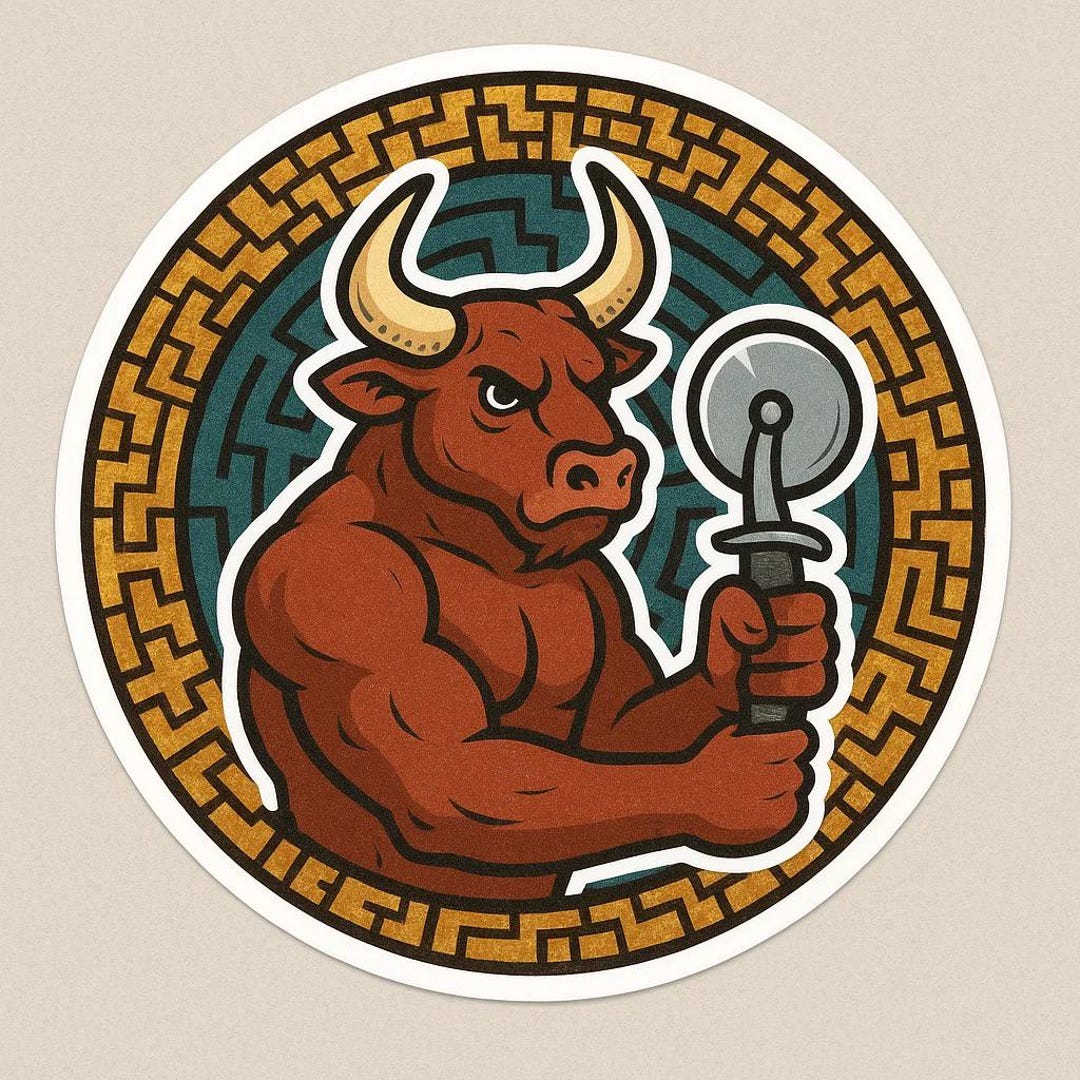 Minotaur Sticker With Pizza Cutter in the Labyrinth Funny Comic Sticker ...