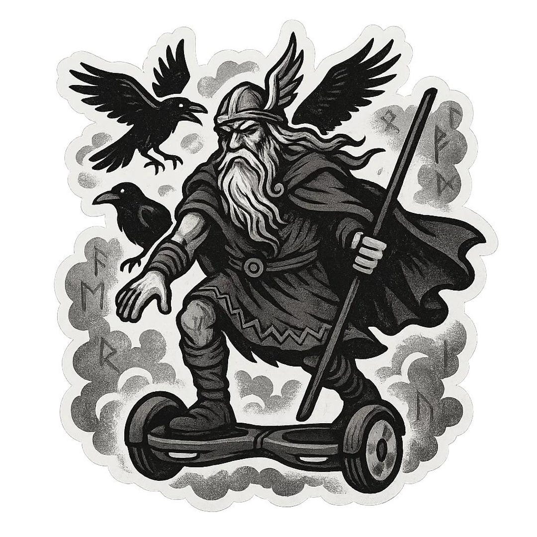 Odin Sticker With Ravens on Hoverboard Comic Sticker for Viking Nerds ...