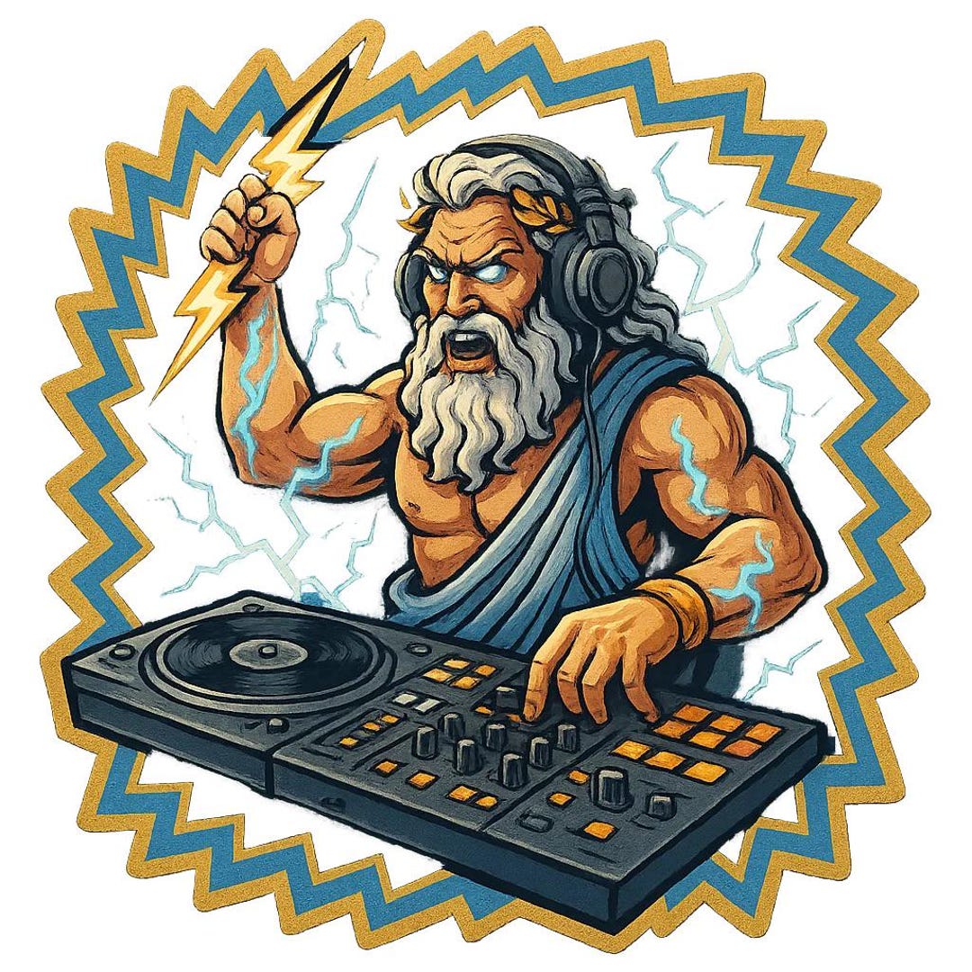 Zeus Sticker as a DJ With Lightning Effects on the Thunder Desk. Comic ...