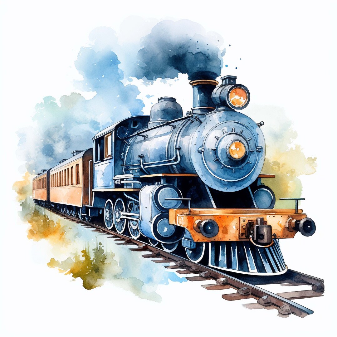 Watercolor Locomotive Sticker, Vintage Train Decal, Steam Locomotive ...