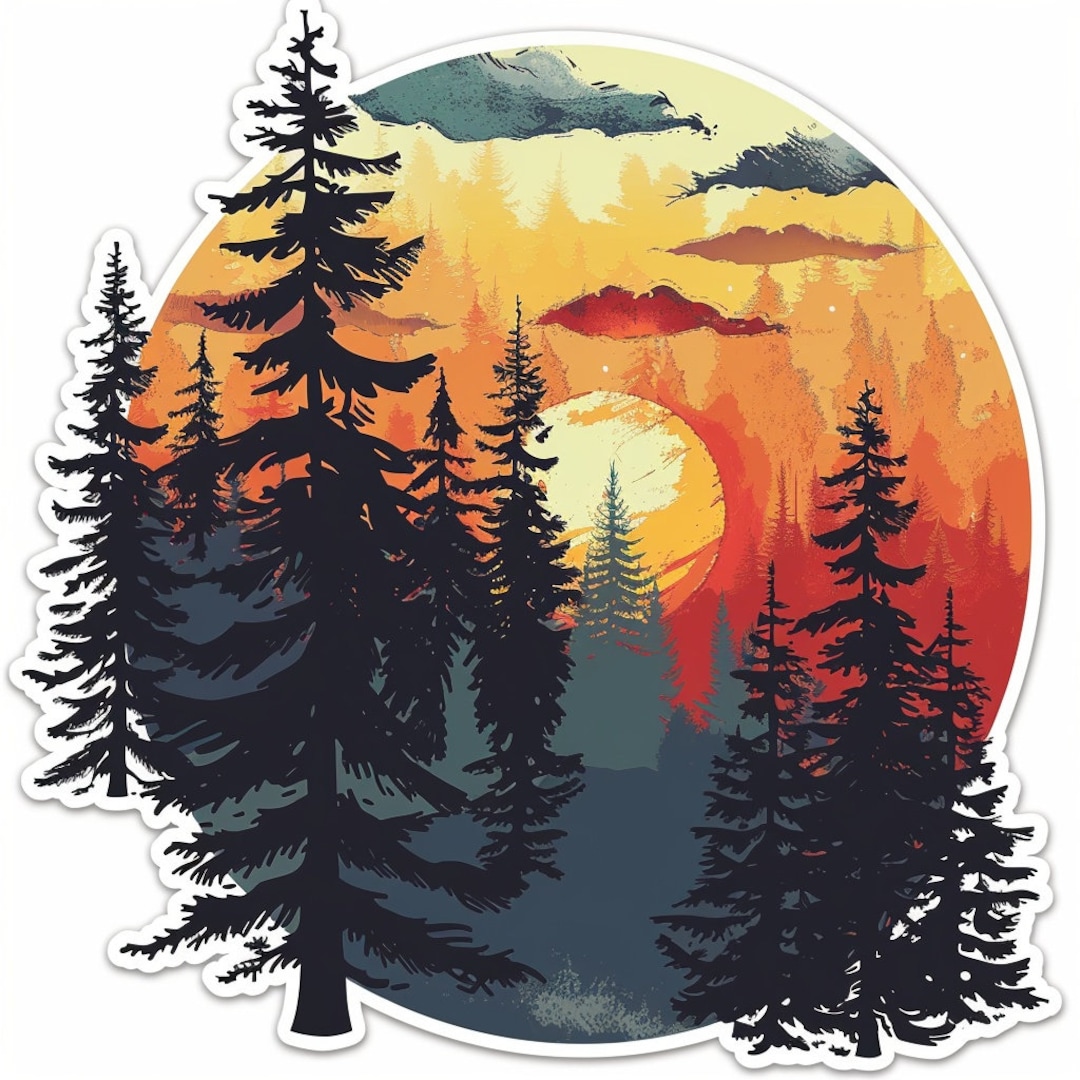 Retro Sunset Forest Sticker Personalizable Outdoor Vinyl Sticker - Etsy