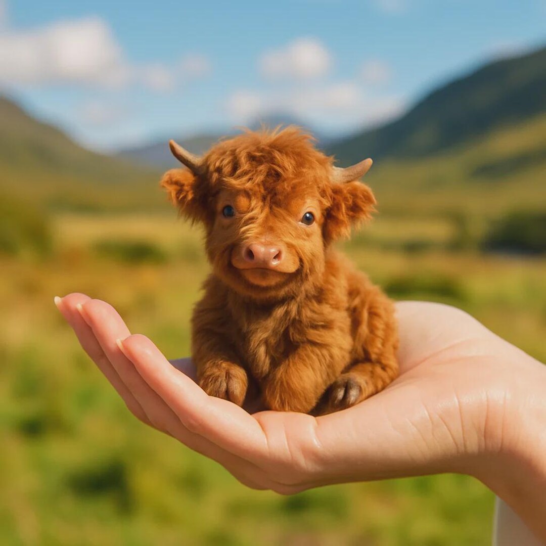 Cute Highland Calf Held in Hand – Sweet Farm Animal Motif – Detailed ...