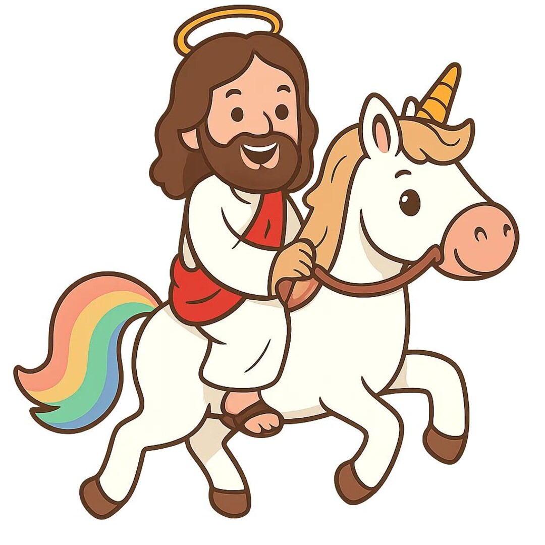 Jesus Riding on a Unicorn Sticker – Funny Fantasy Sticker in Cartoon ...