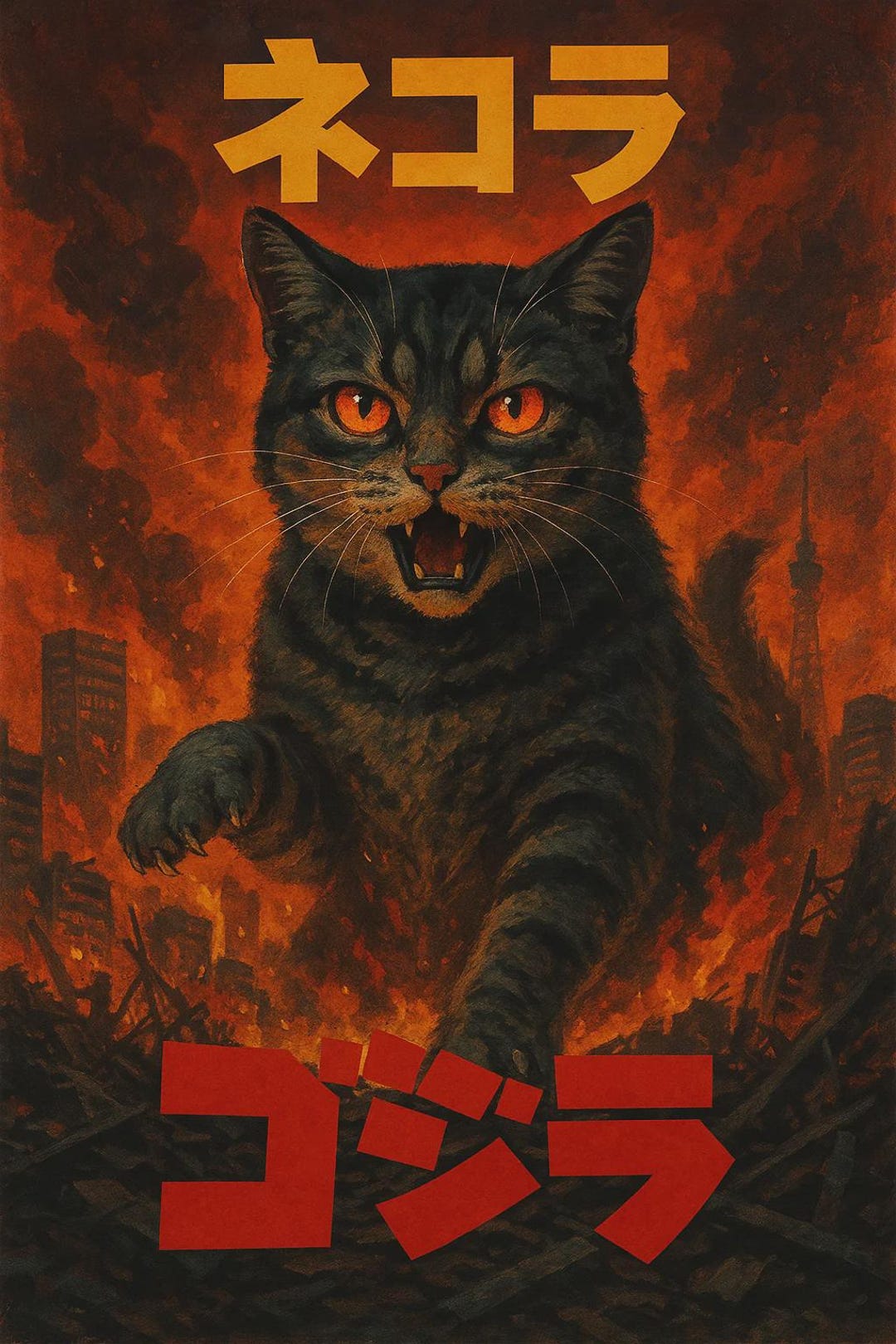 Godzilla Cat Wall Sticker, Giant Angry Black Cat, Japanese Monster ...