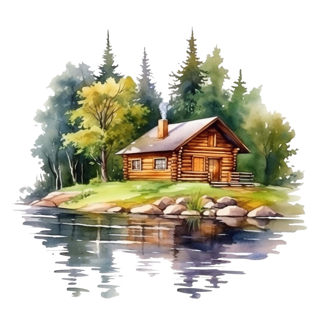 Car Decal Sticker Watercolor Log Cabin on the Riverbank Decal ...