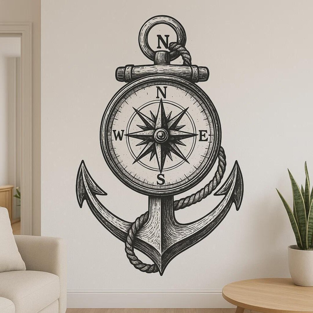Compass and Anchor Realistic Wall Sticker, Maritime Navigation Motif ...