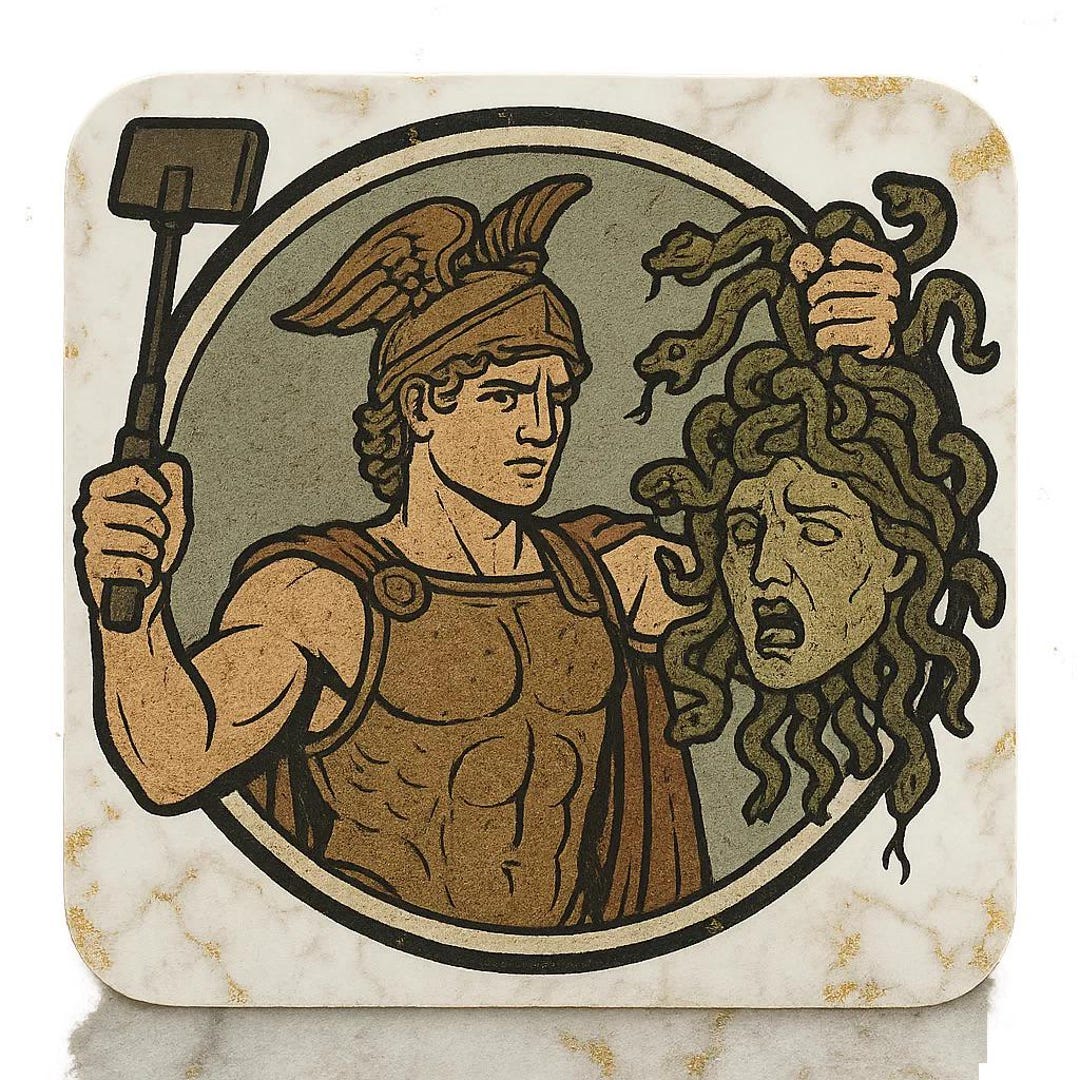 Perseus Sticker With Selfie Stick in Front of Medusa Funny Comic ...