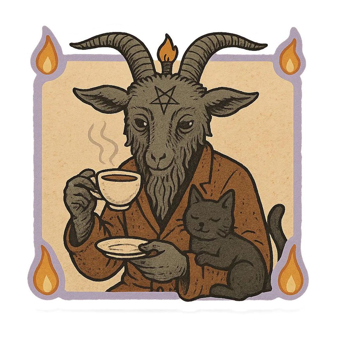 Baphomet Sticker Drinking Tea With Cat Comic Sticker for Occult Nerds ...