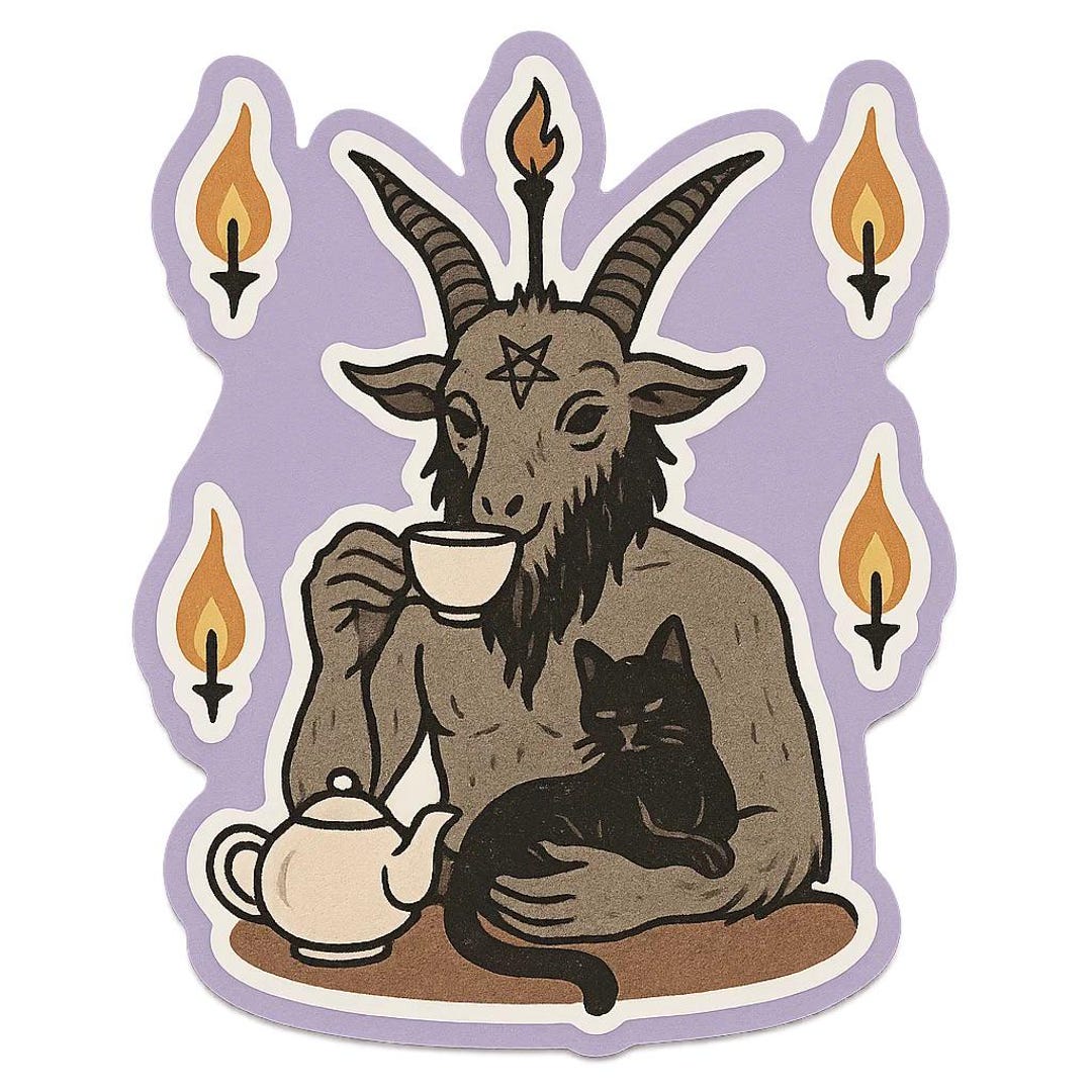 Baphomet Sticker Drinking Tea With Cat Comic Sticker for Occult Nerds ...