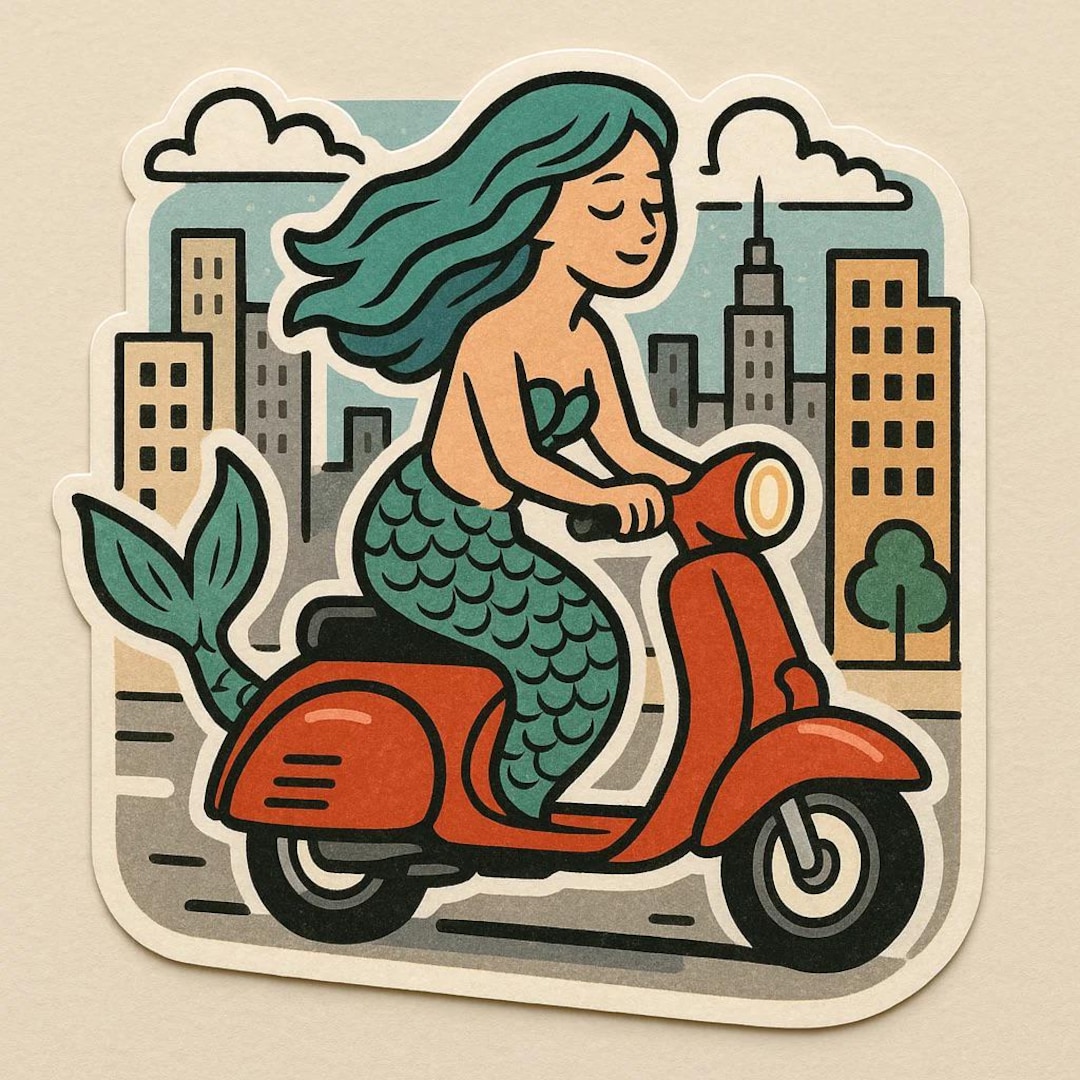 Mermaid Scooter Sticker – Funny Mythical Creature Rides Scooter Through ...
