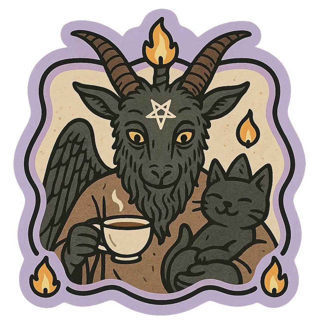 Baphomet Sticker Drinking Tea With Cat Comic Sticker for Occult Nerds ...