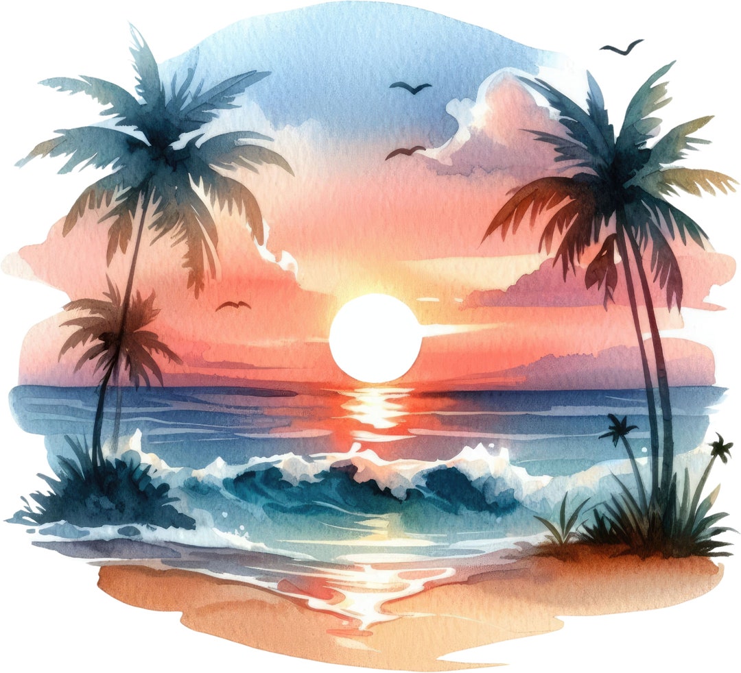 2X Sunset Beach Sticker Car Sticker Wall Decal Watercolor Palm Trees ...