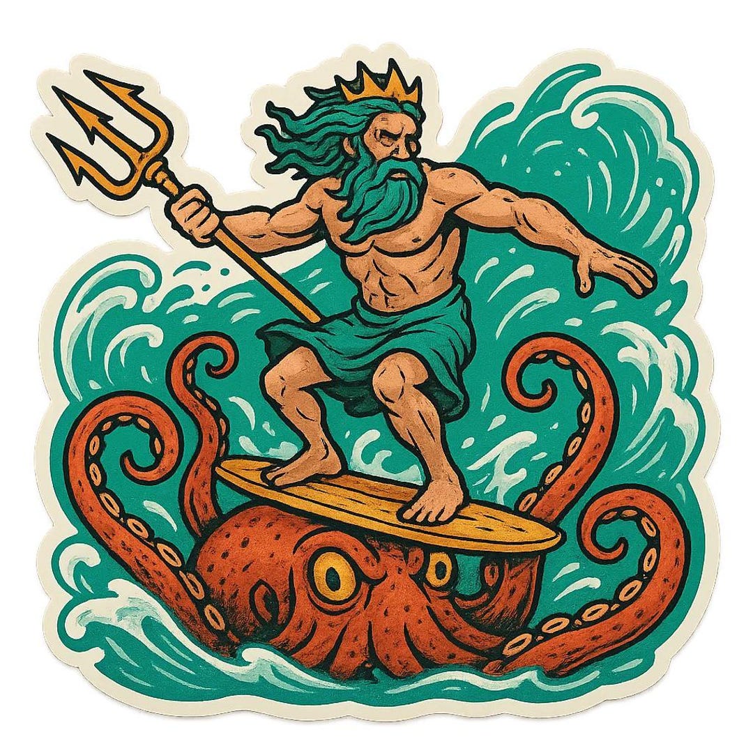 Poseidon Sticker Surfing on Giant Octopus With Trident Comic Sticker ...