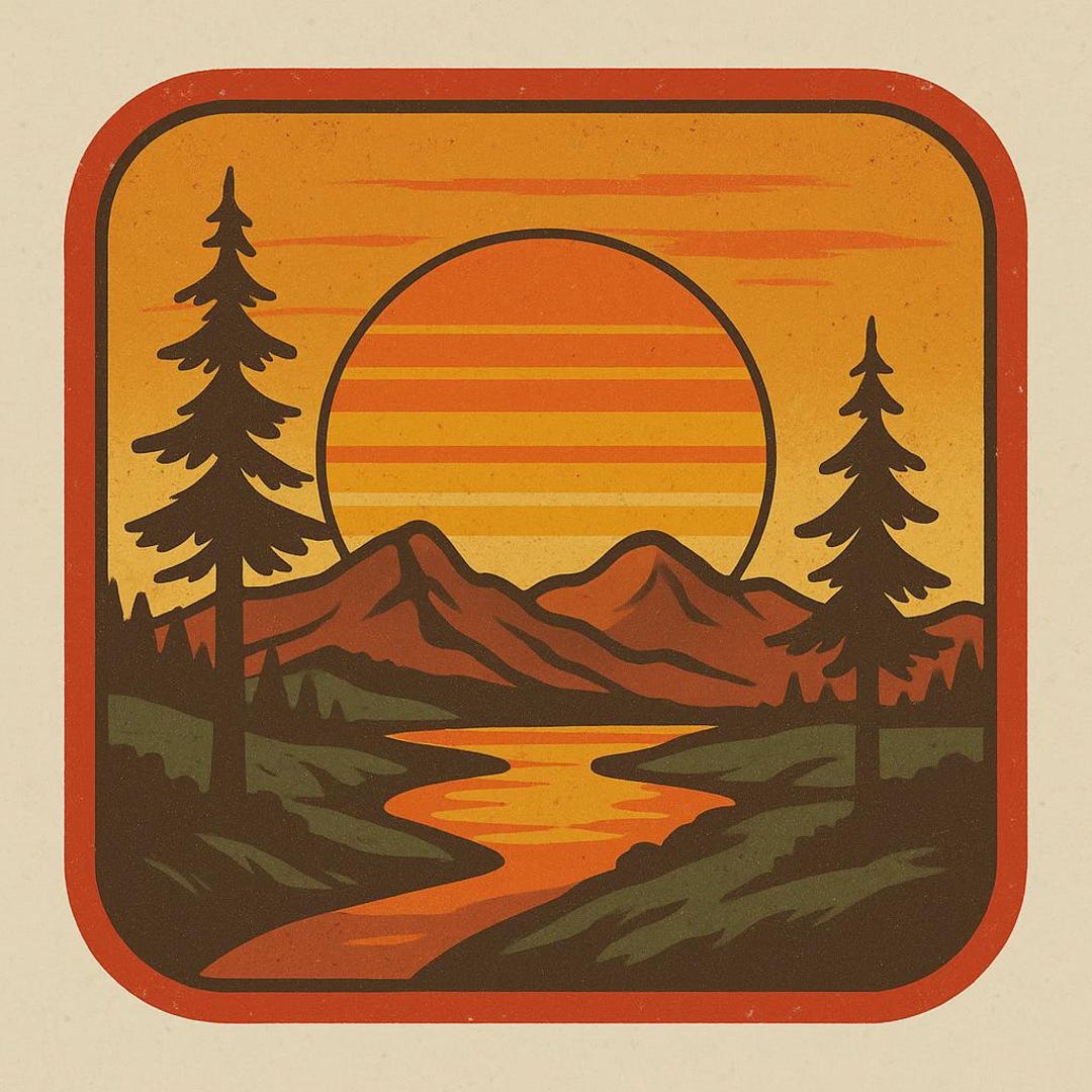 Retro Sunset Landscape Sticker Vintage Nature Sticker With Mountains ...