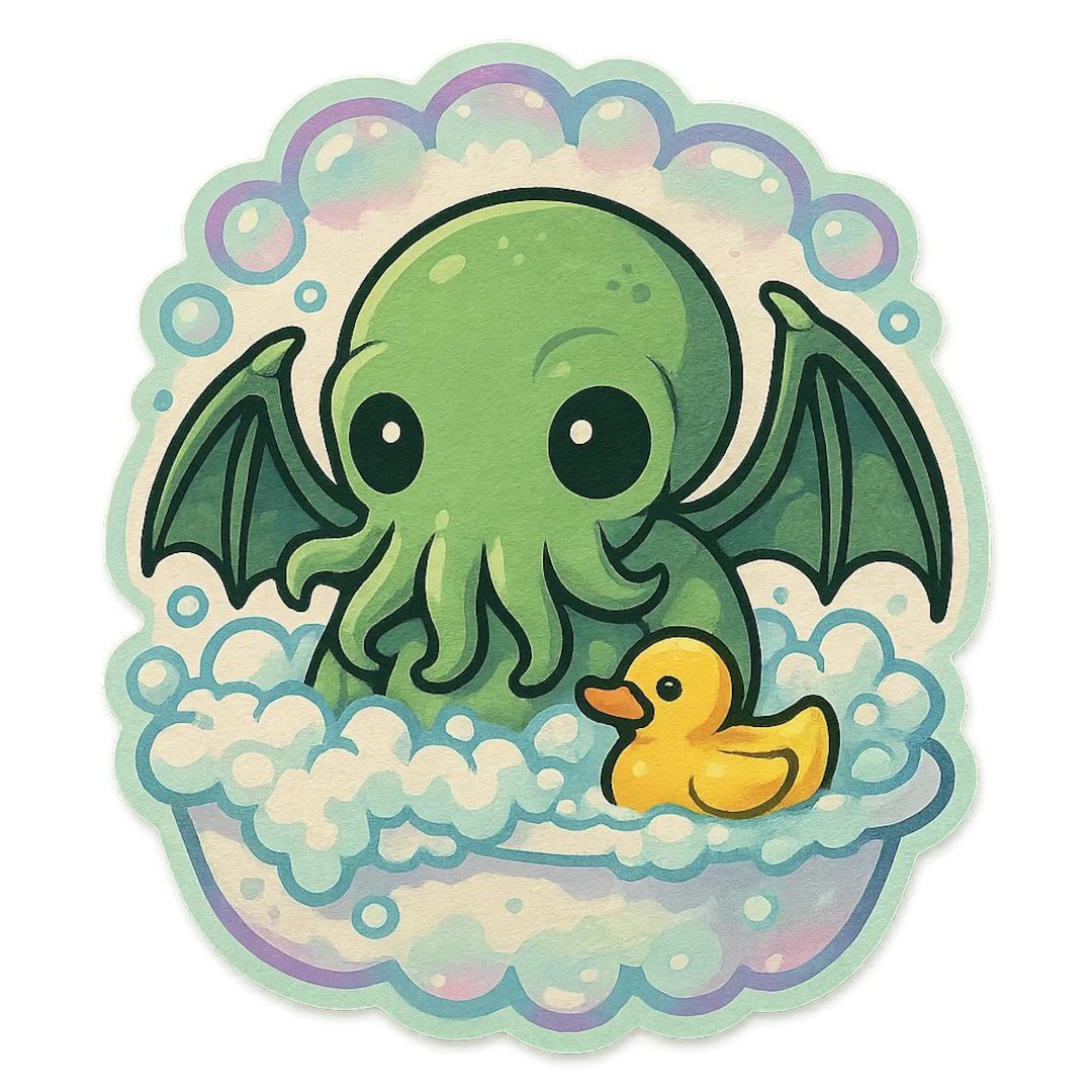 Cthulhu Sticker in Bubble Bath With Rubber Duck Funny Comic Sticker for ...