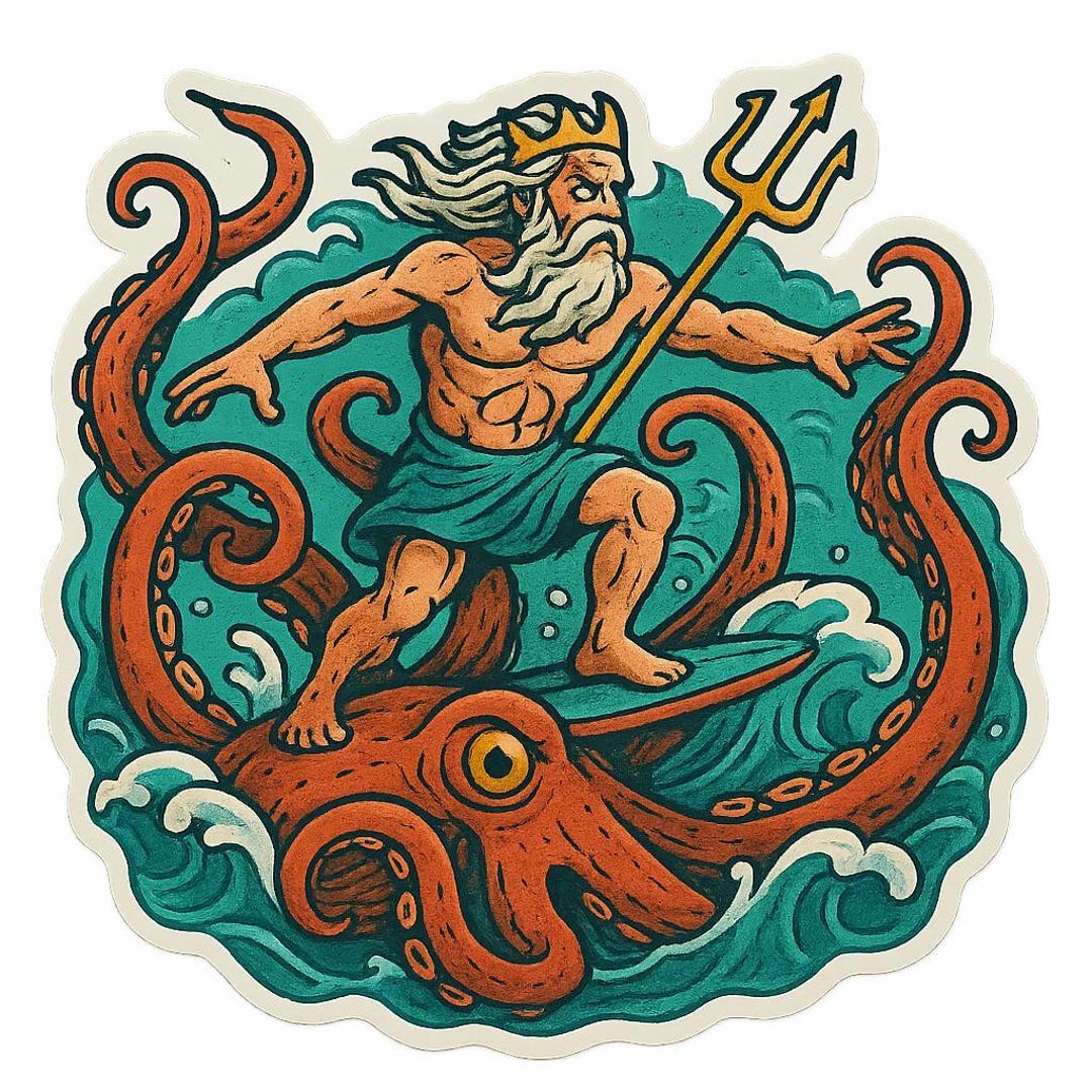 Poseidon Sticker Surfing on Giant Octopus With Trident Comic Sticker ...