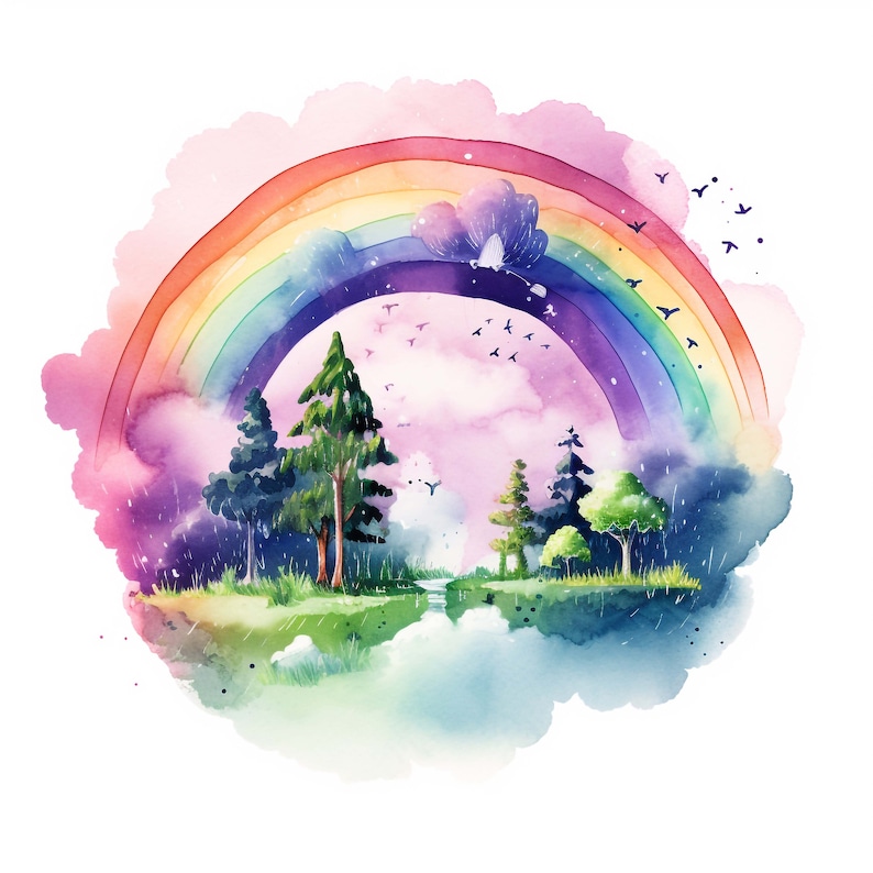 Watercolor Rainbow Landscape Colorful Nature Illustration Cheerful ...