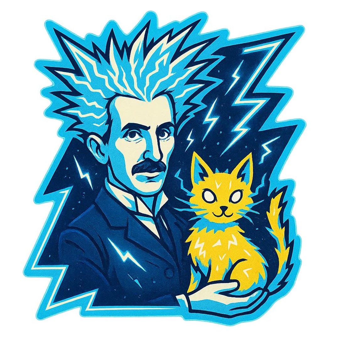 Nikola Tesla Sticker With Electric Cat and Lightning Hair. Comic ...