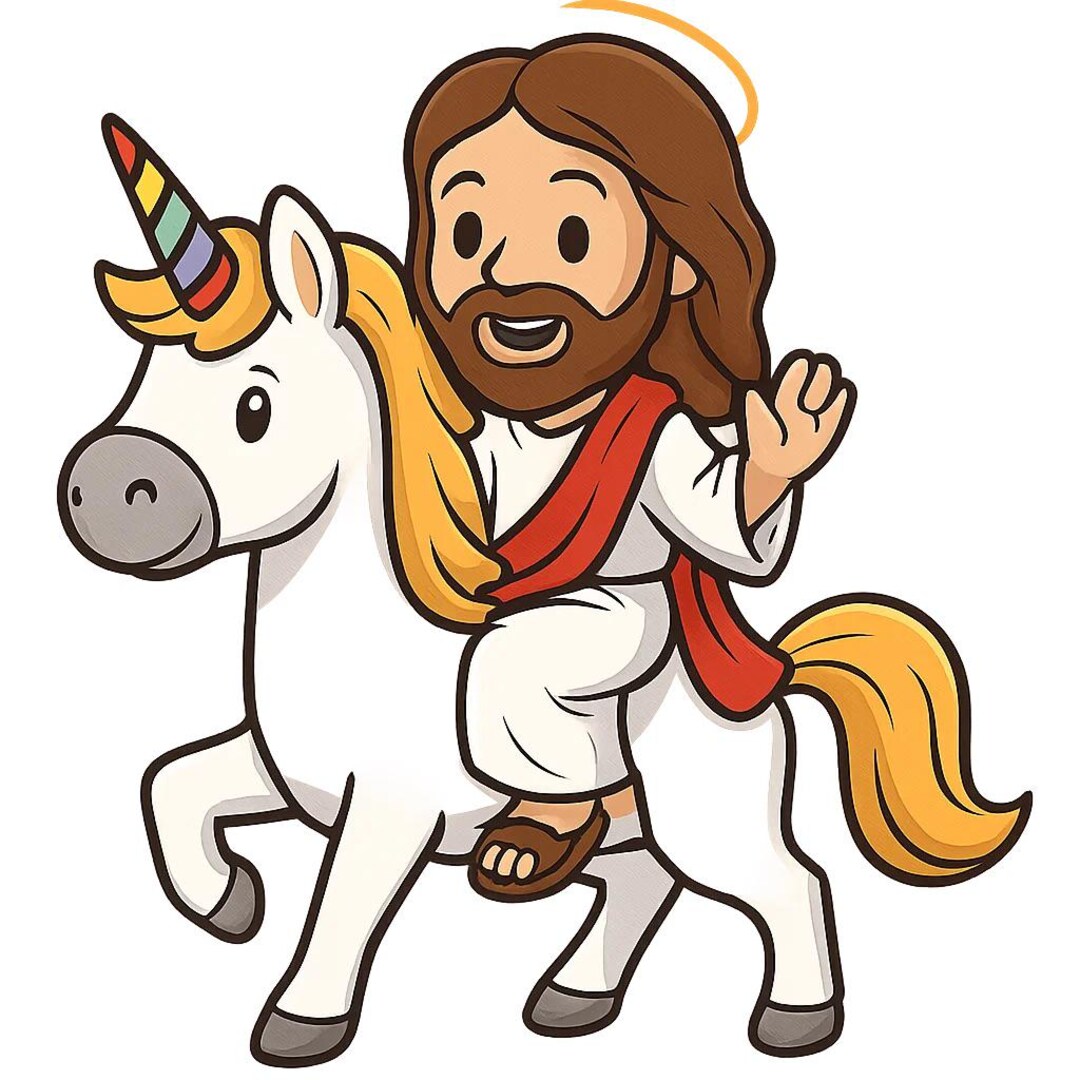 Jesus Riding on a Unicorn Sticker – Funny Fantasy Sticker in Cartoon ...