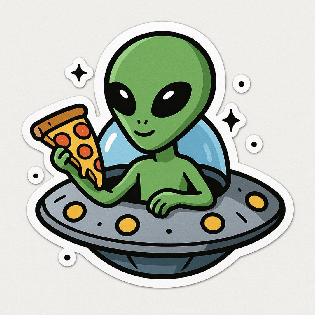 3X Alien With Pizza in Spaceship – Funny Car Sticker – Weatherproof ...