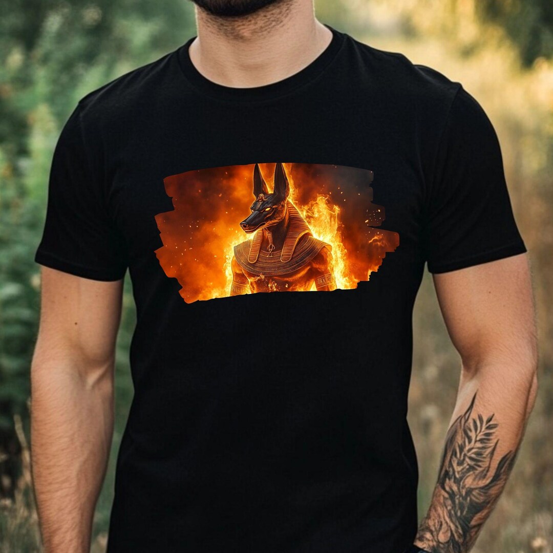 Anubis Egyptian God in Flames Men's T-shirt Cotton Printed Leisure ...