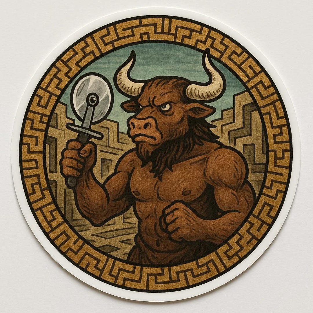 Minotaur Sticker With Pizza Cutter in the Labyrinth Funny Comic Sticker ...