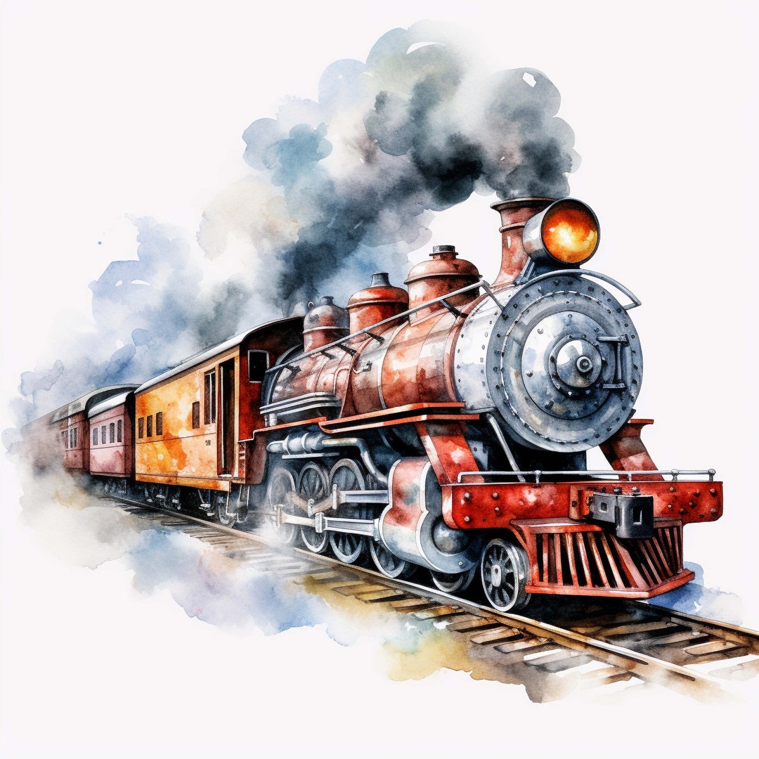 Watercolor Locomotive Sticker, Vintage Train Decal, Steam Locomotive ...