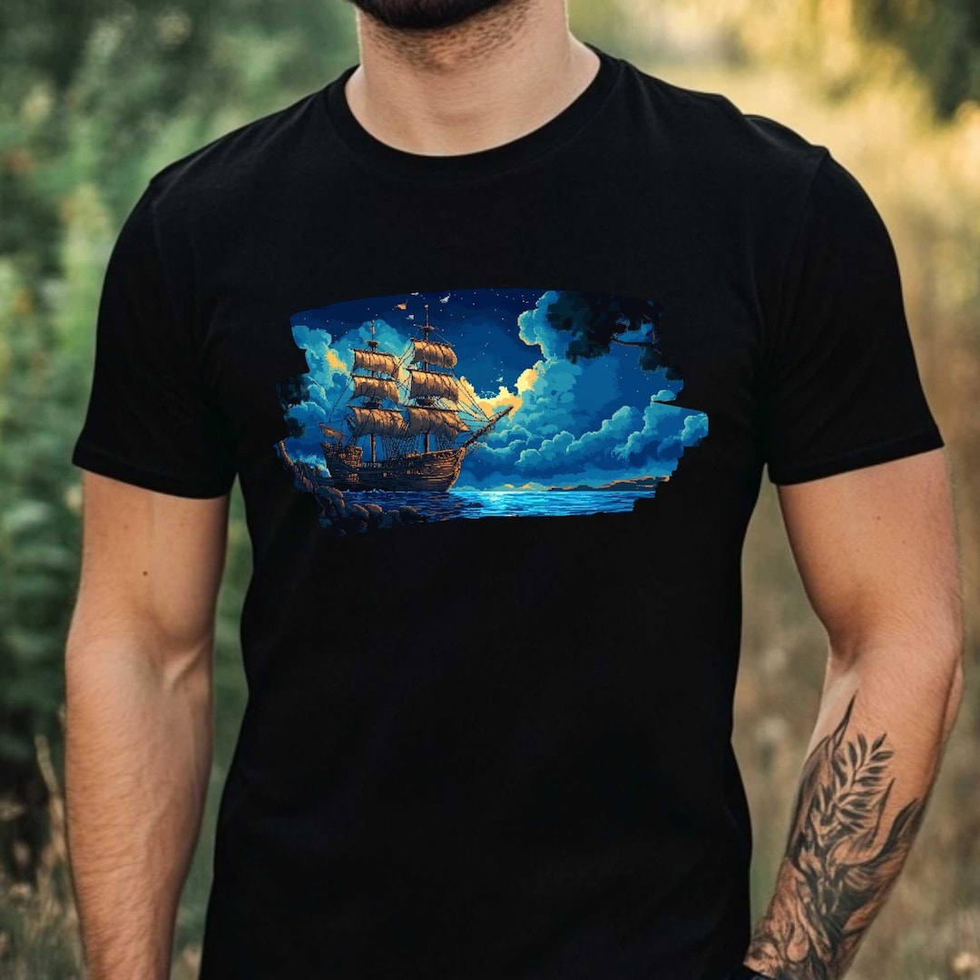 Pixel Art Pirate Ship Premium Men's T-shirt Cotton High-quality Leisure ...