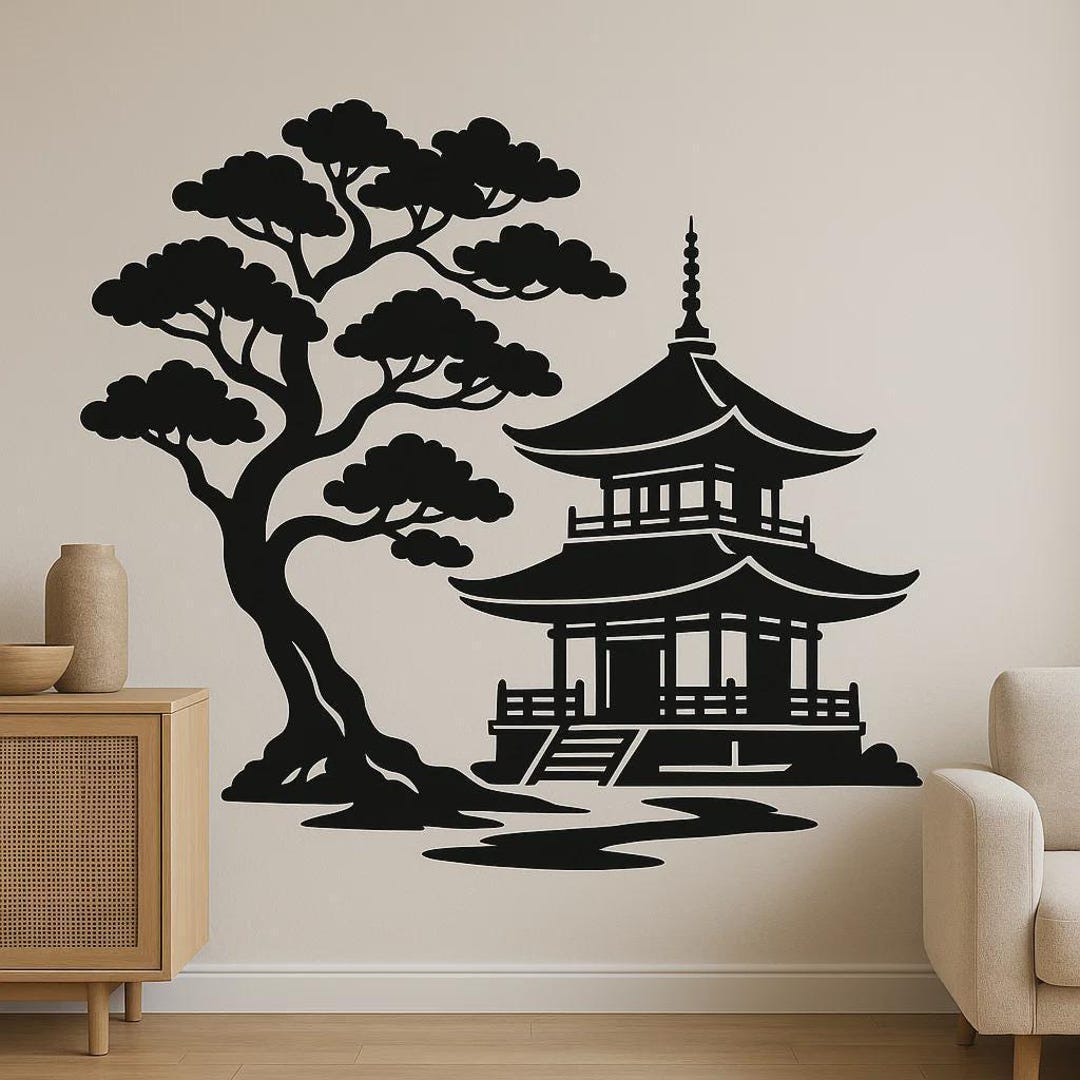 Japanese Pagoda and Bonsai Wall Sticker, Asian Wall Decoration, Zen ...