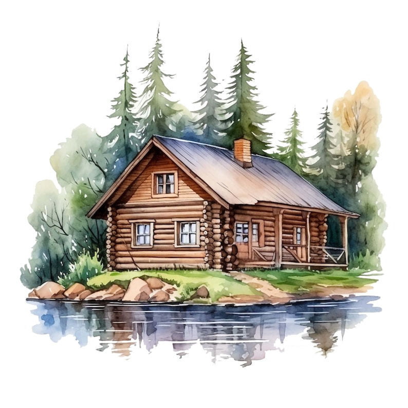 Log Cabin Sticker Watercolor Sticker With Forest Cabin Motif Wall ...