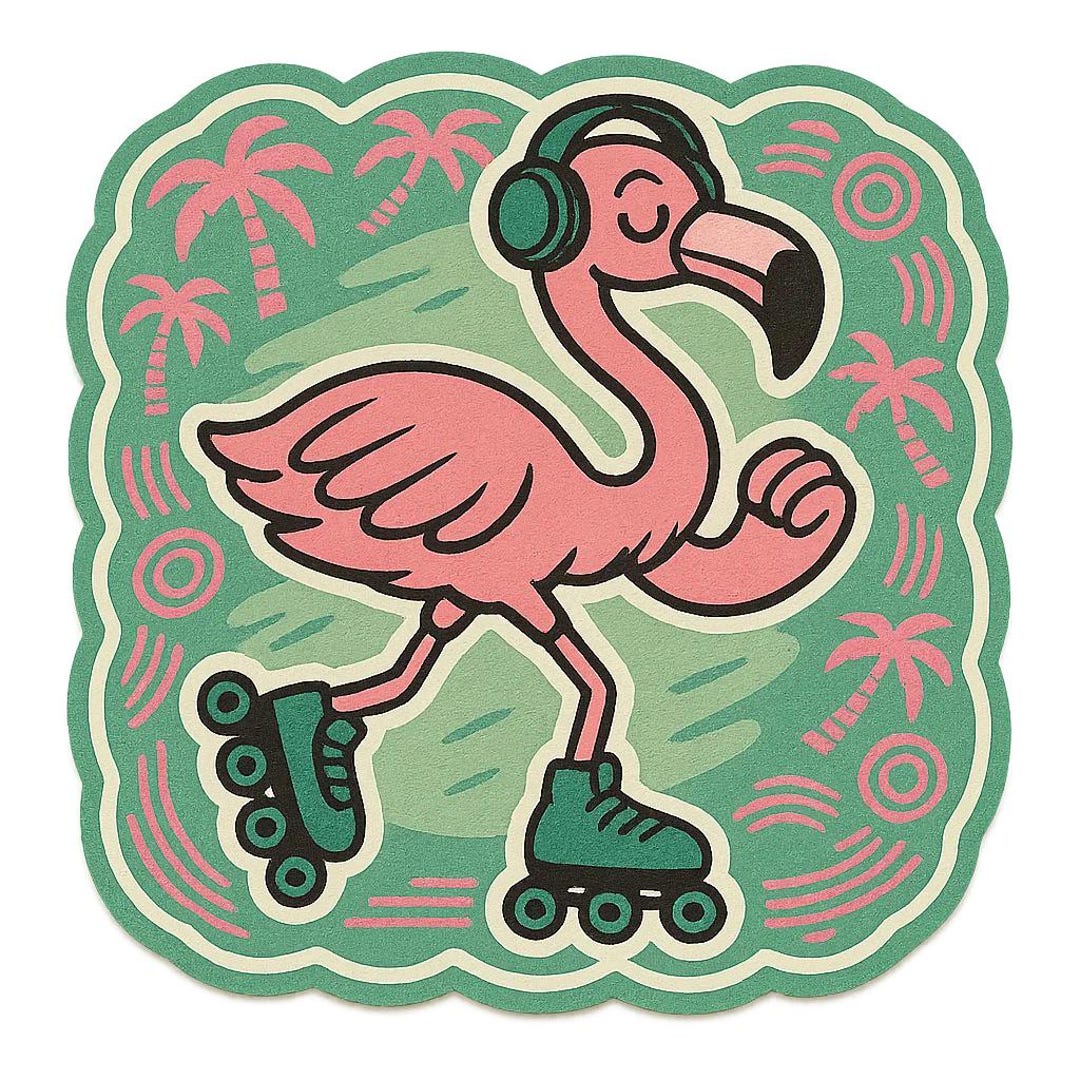 Flamingo Sticker With Inline Skates. Funny Animal Comic Sticker for ...