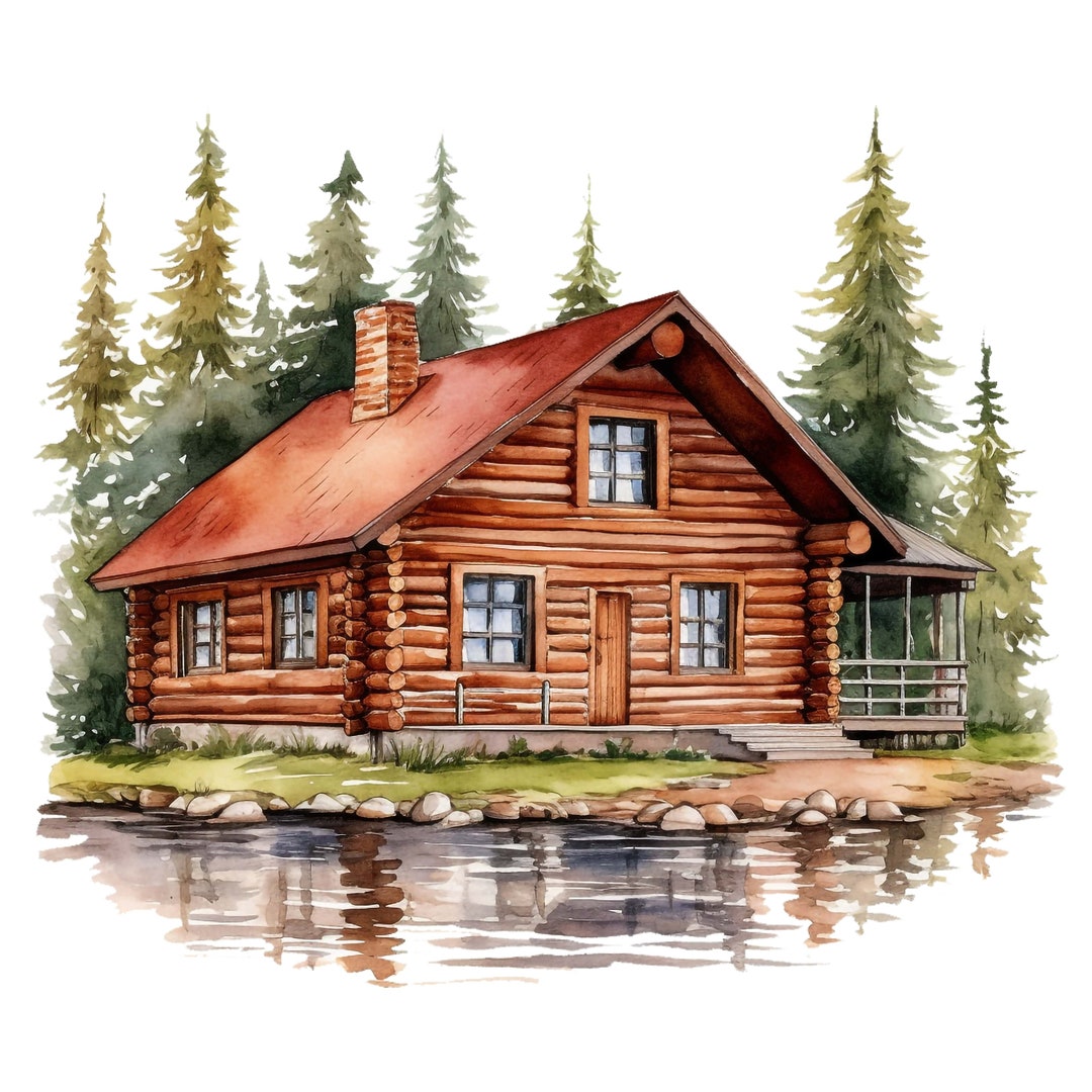 Car Sticker Watercolor Log Cabin on the Riverbank Sticker Weatherproof ...
