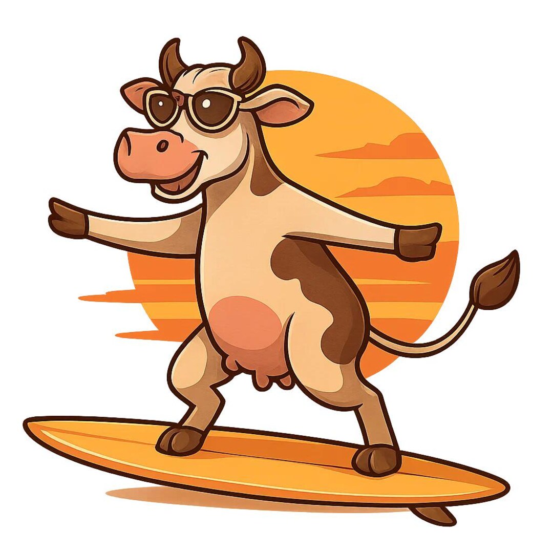 Cow Surfer Iron-on DTF Print Funny Animal Motif Cow on Surfboard With ...